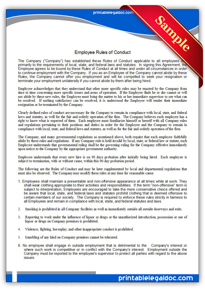 Free Printable Employee Rules Of Conduct Form (GENERIC)