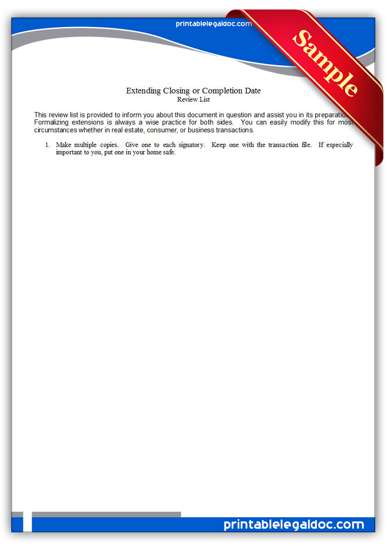 Free Printable Extending Closing Or Completion Date Form (GENERIC)
