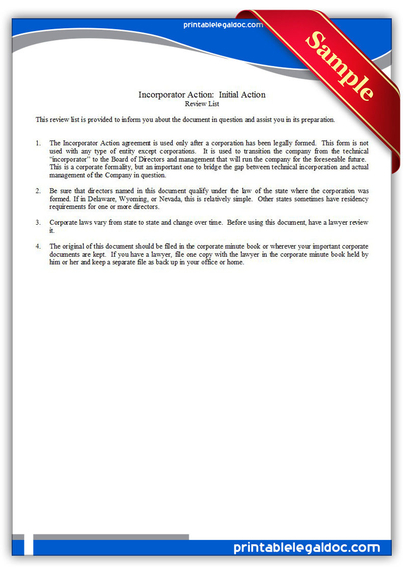 Free Printable Incorporator Action, Initial Form (GENERIC)