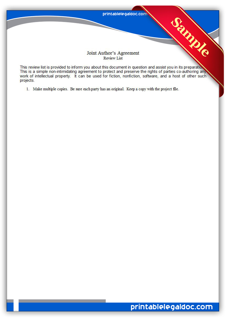 Free Printable Joint Author's Agreement Form (GENERIC)