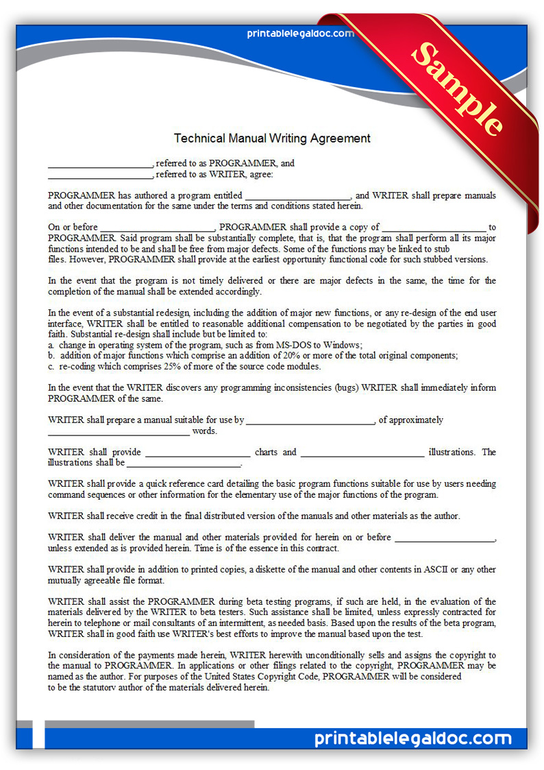 Free Printable Technical Manual Writing Agreement Form (GENERIC)