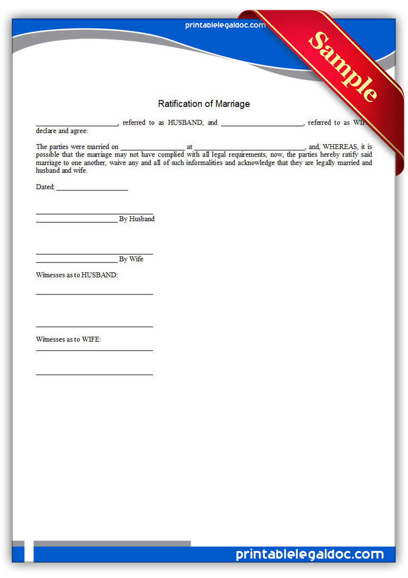 Free Printable Ratification Of Marriage Form (GENERIC)