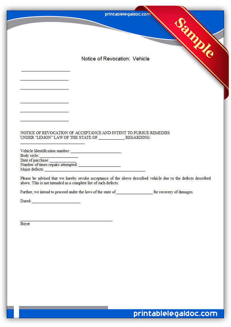 Free Printable Notice Of Revocation Vehicle Form (GENERIC)