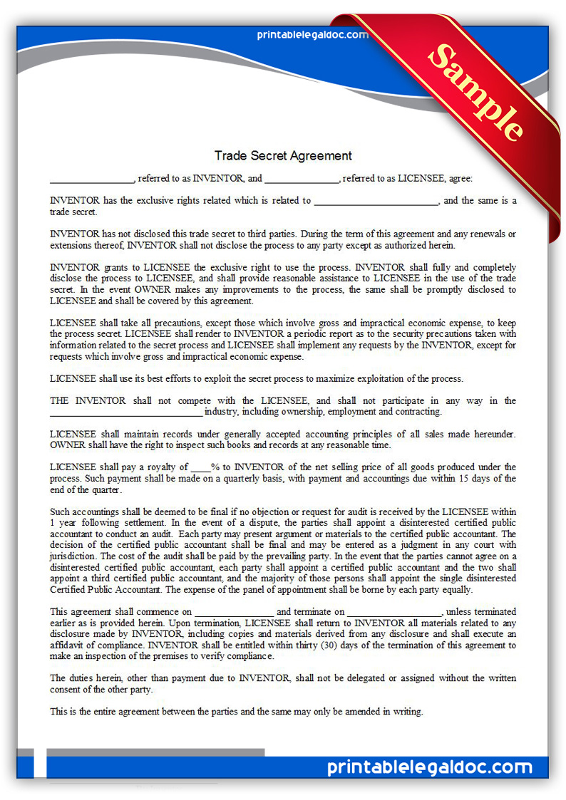 Free Printable Trade Secret Agreement Form (GENERIC)