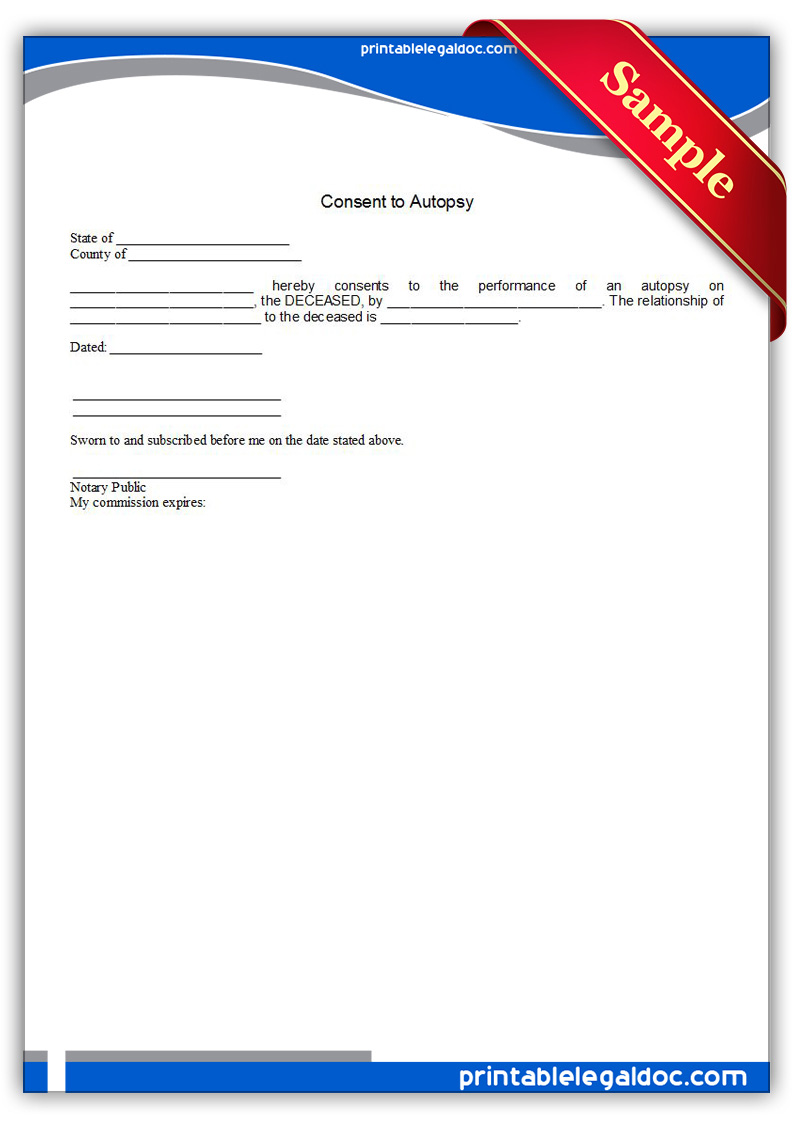 Free Printable Consent To Autopsy Form (GENERIC)