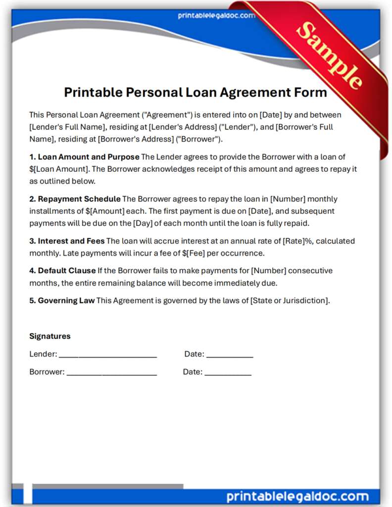 Free Printable Personal Loan Agreement Form (GENERIC)