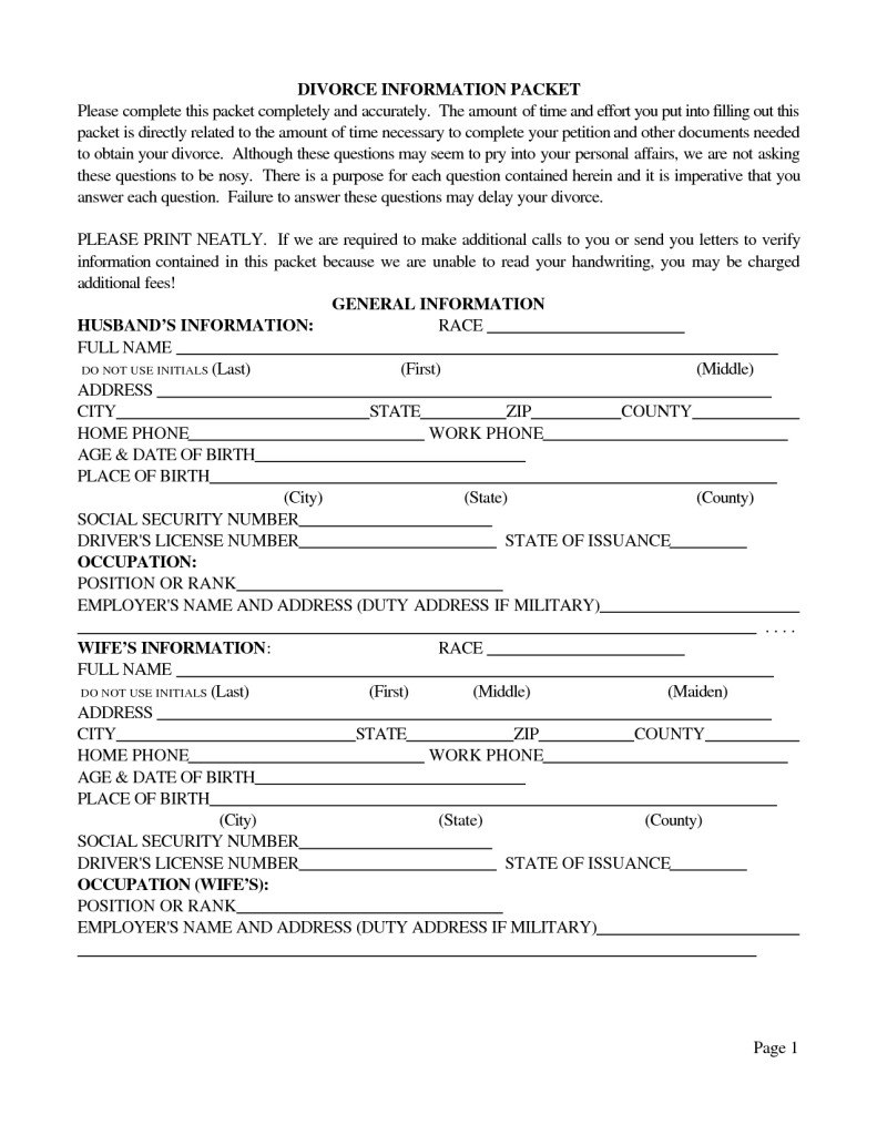 Free Printable Divorce Papers Form (GENERIC)