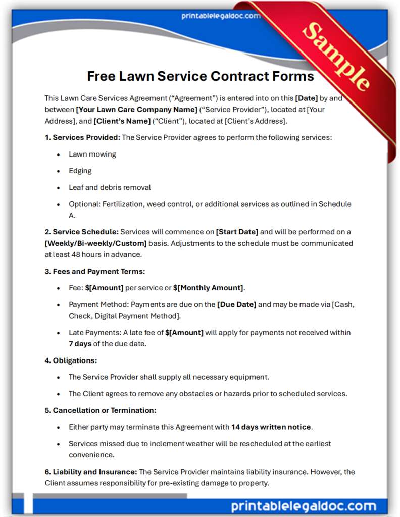 Free Printable Lawn Service Contract Form (GENERIC)