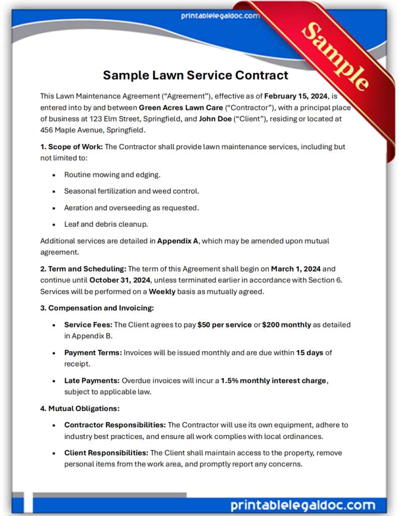 Free Printable Lawn Service Contract Form (GENERIC)