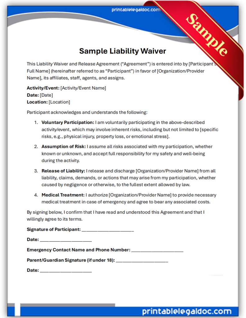 Free Printable Liability Release Form Template Form (GENERIC)