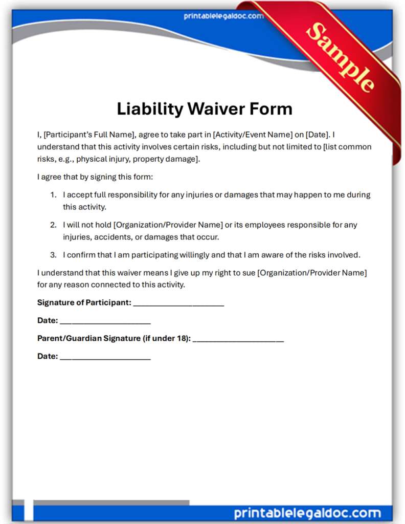 Free Printable Liability Release Form Template Form (GENERIC)
