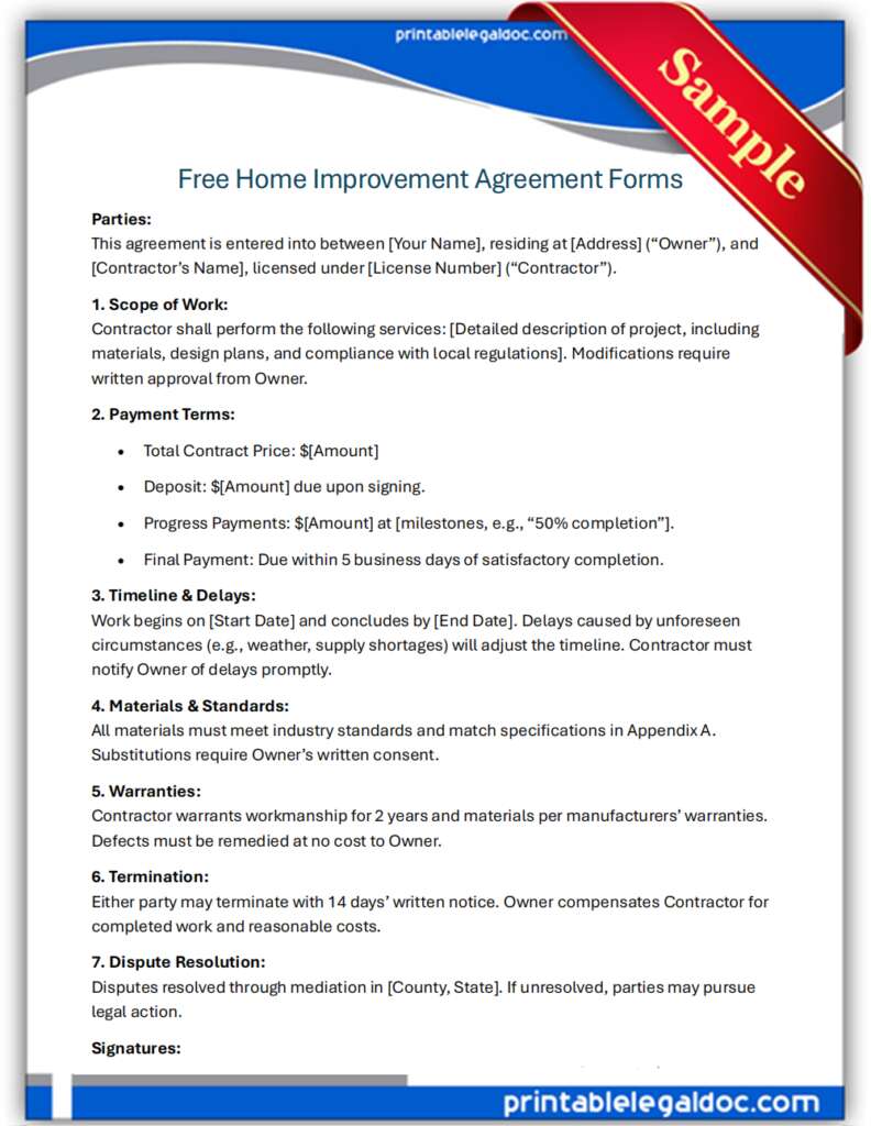 Free Printable Home Improvement Contract Form (GENERIC)
