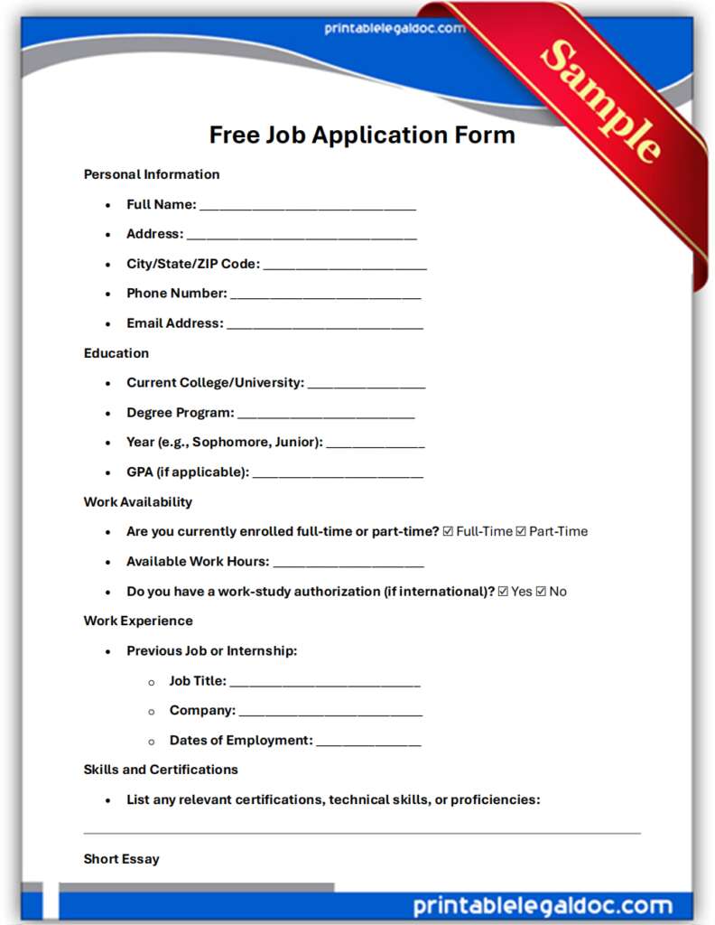 Free Printable Job Application Form Template Form (GENERIC)