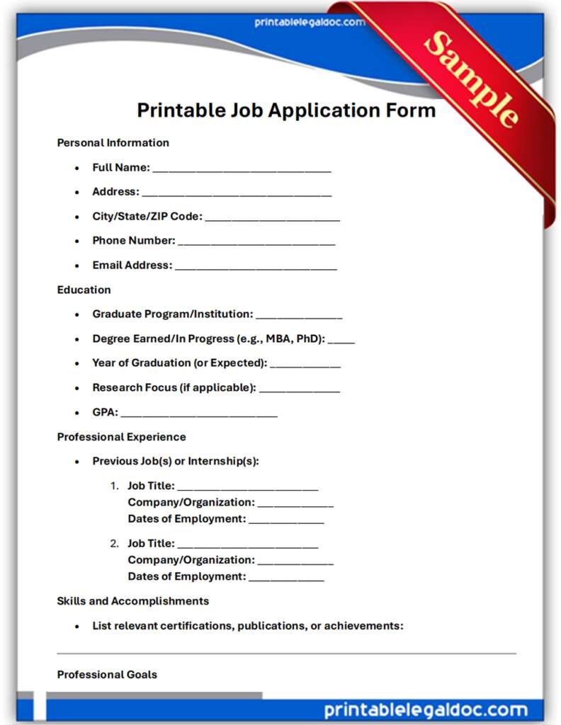 Free Printable Job Application Form Template Form (GENERIC)