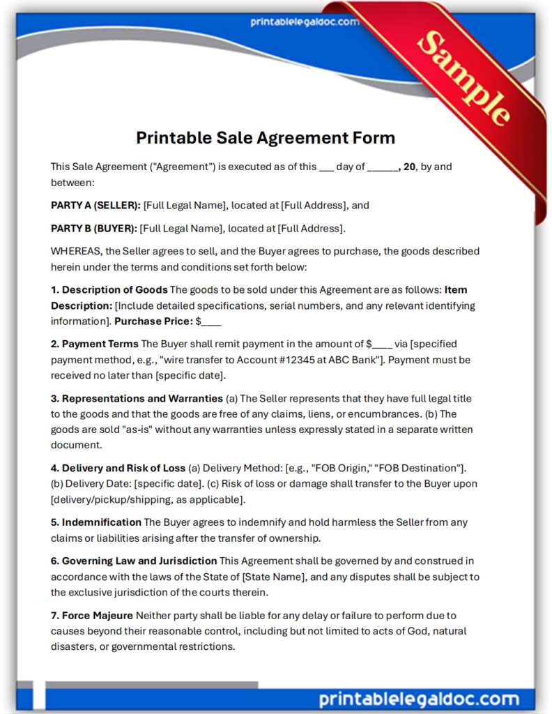 Free Printable Sale Contract Form (GENERIC)