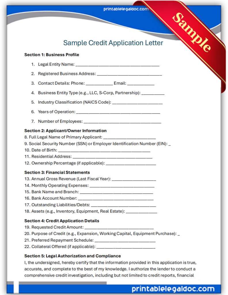 Free Printable Business Credit Application Form Form (GENERIC)