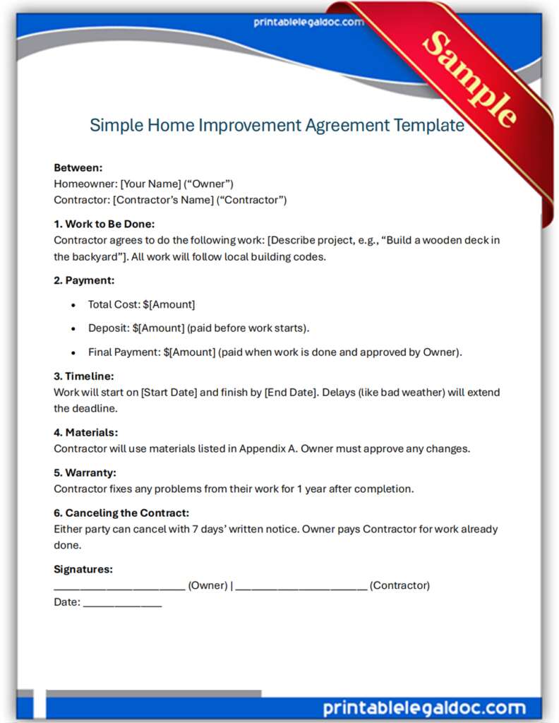 Free Printable Home Improvement Contract Form (GENERIC)
