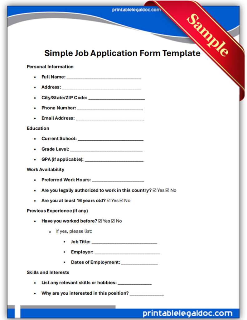 Free Printable Job Application Form Template Form (GENERIC)